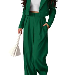 PRETTYGARDEN Women's 2 Piece Casual Outfits Cropped Blazer Jackets High Waisted Wide Leg Work Pants Suit Set (Green,Large)