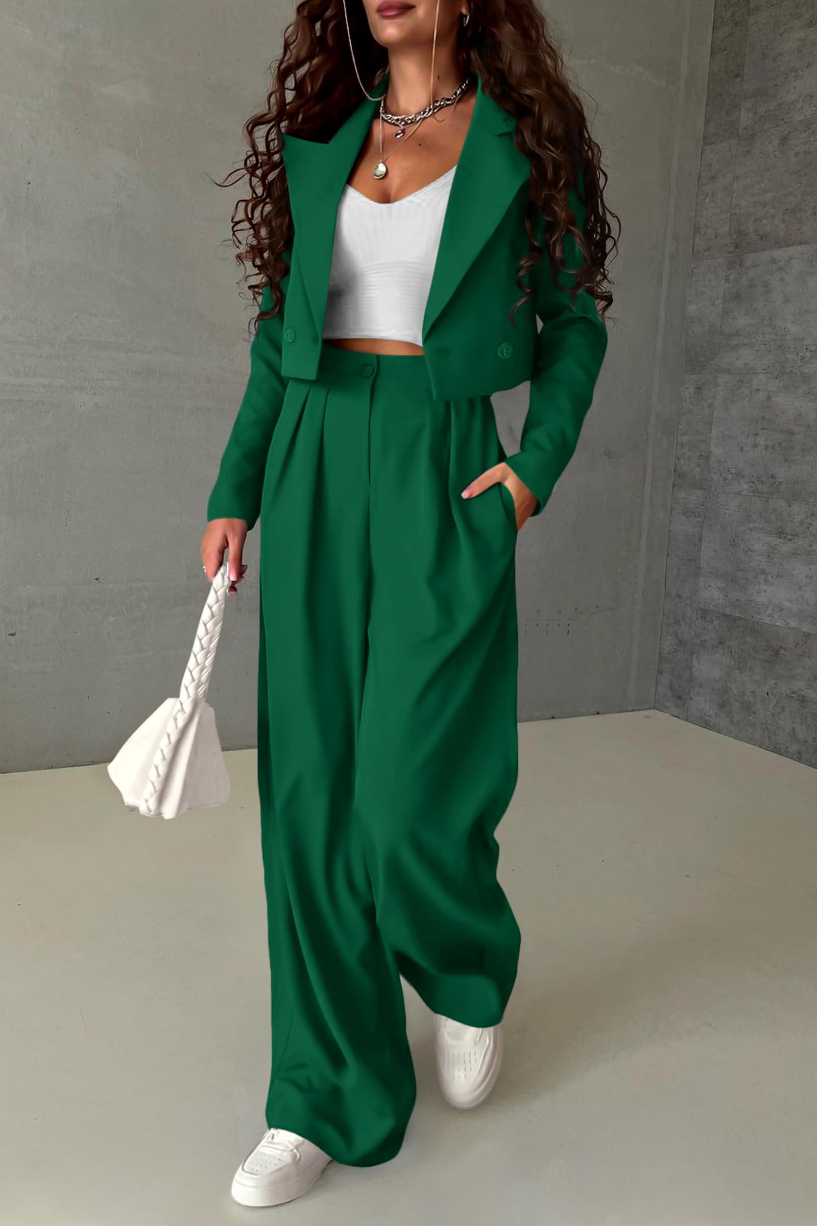 PRETTYGARDEN Women's 2 Piece Casual Outfits Cropped Blazer Jackets High Waisted Wide Leg Work Pants Suit Set (Green,Large)