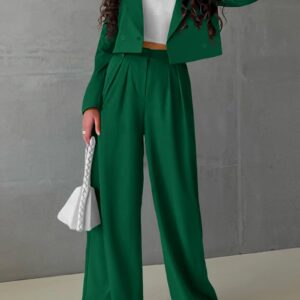 PRETTYGARDEN Women's 2 Piece Casual Outfits Cropped Blazer Jackets High Waisted Wide Leg Work Pants Suit Set (Green,Large)