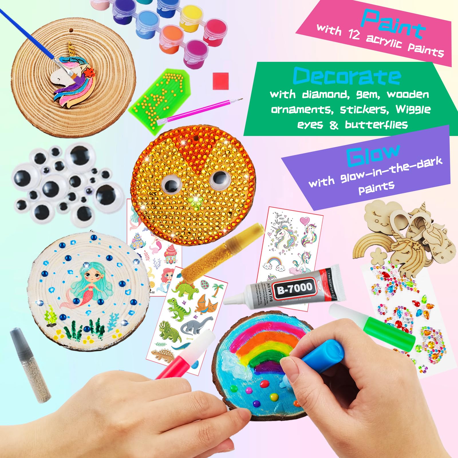 Wooden Crafts Kit for Kids - Glow in the Dark - Arts & Crafts Gifts for Boys Girls Age 6-12, 24 Wood Slices with Painting Craft Activities Kits, Creative Art Toys for 6 7 8 9 10 11 12 Year Old