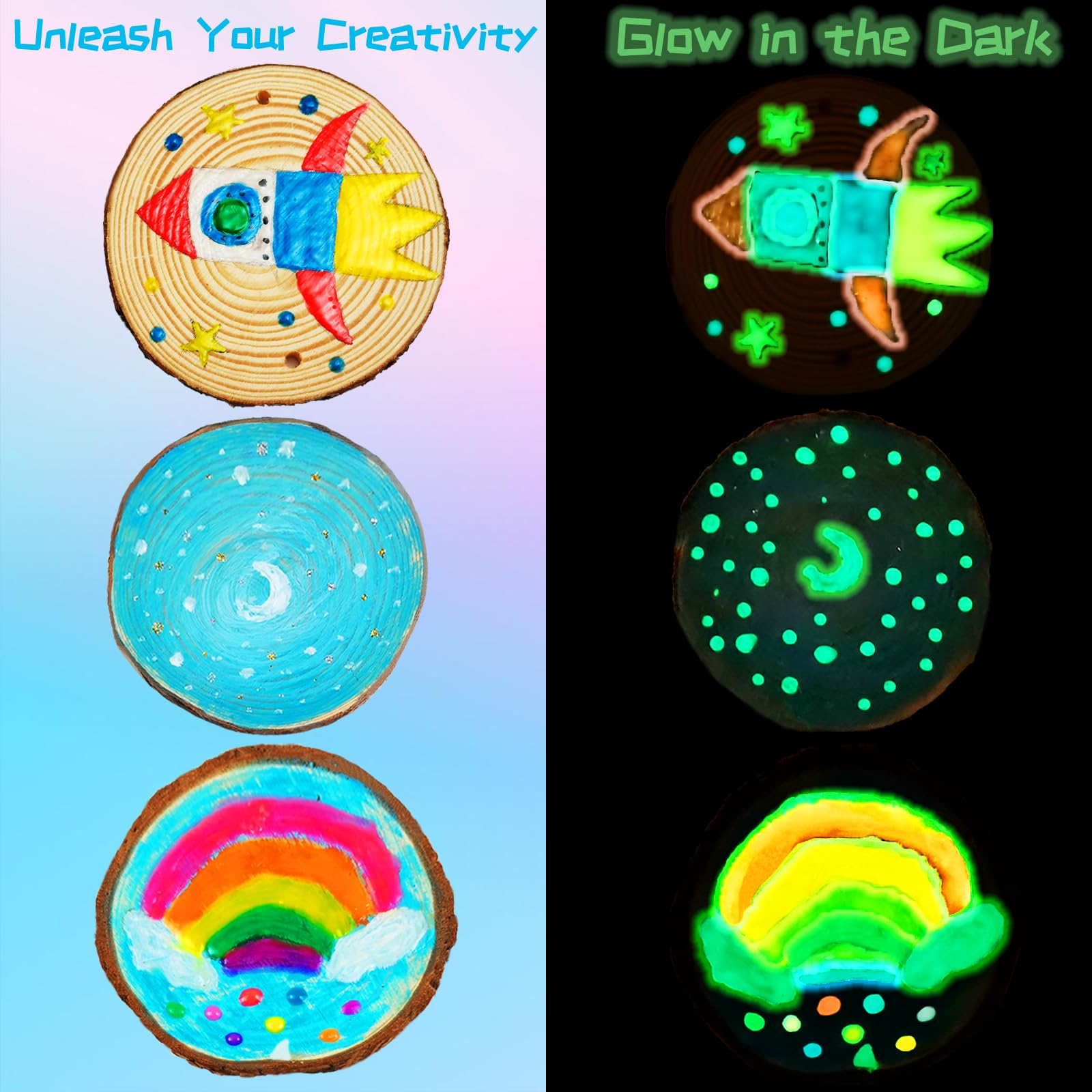 Wooden Crafts Kit for Kids - Glow in the Dark - Arts & Crafts Gifts for Boys Girls Age 6-12, 24 Wood Slices with Painting Craft Activities Kits, Creative Art Toys for 6 7 8 9 10 11 12 Year Old