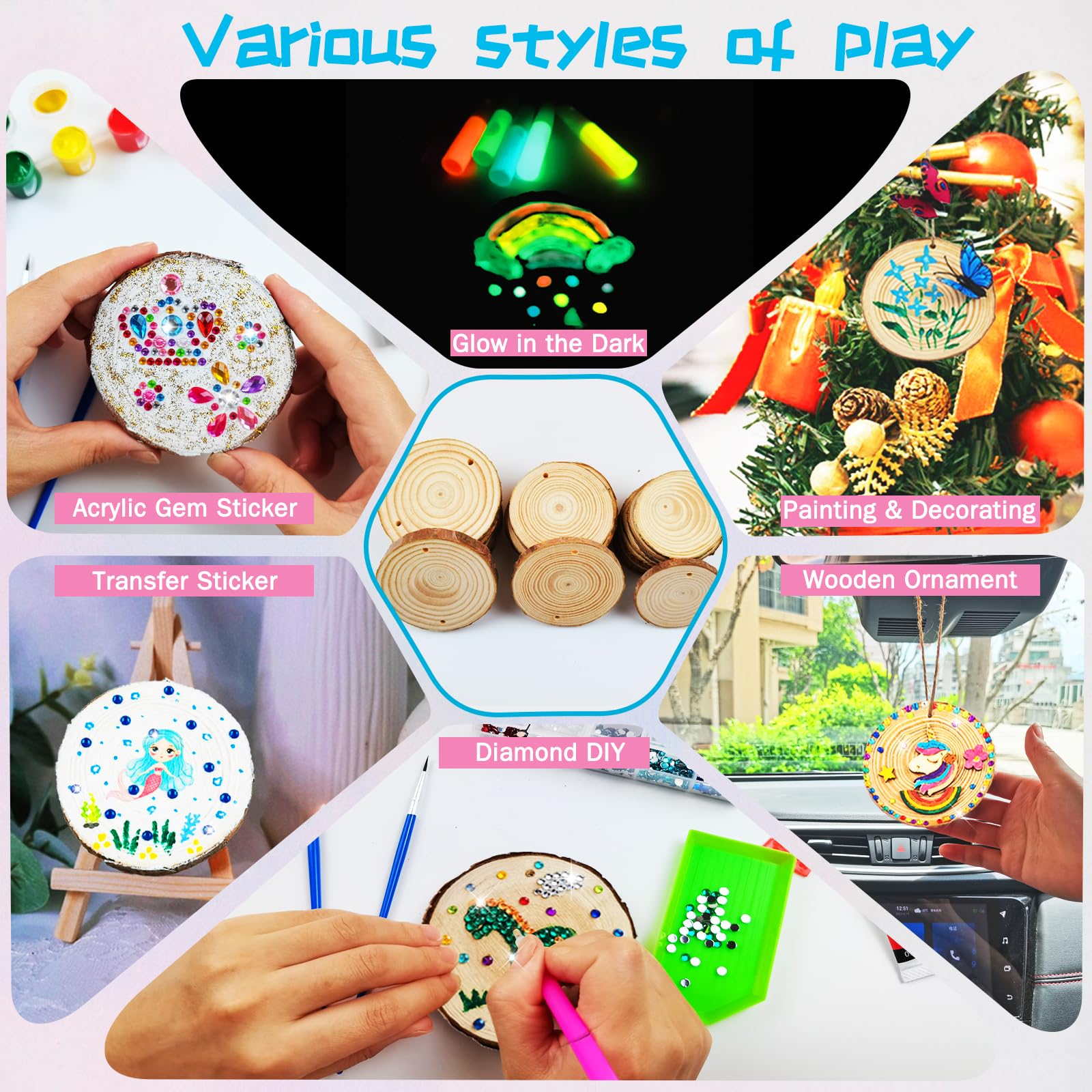 Wooden Crafts Kit for Kids - Glow in the Dark - Arts & Crafts Gifts for Boys Girls Age 6-12, 24 Wood Slices with Painting Craft Activities Kits, Creative Art Toys for 6 7 8 9 10 11 12 Year Old