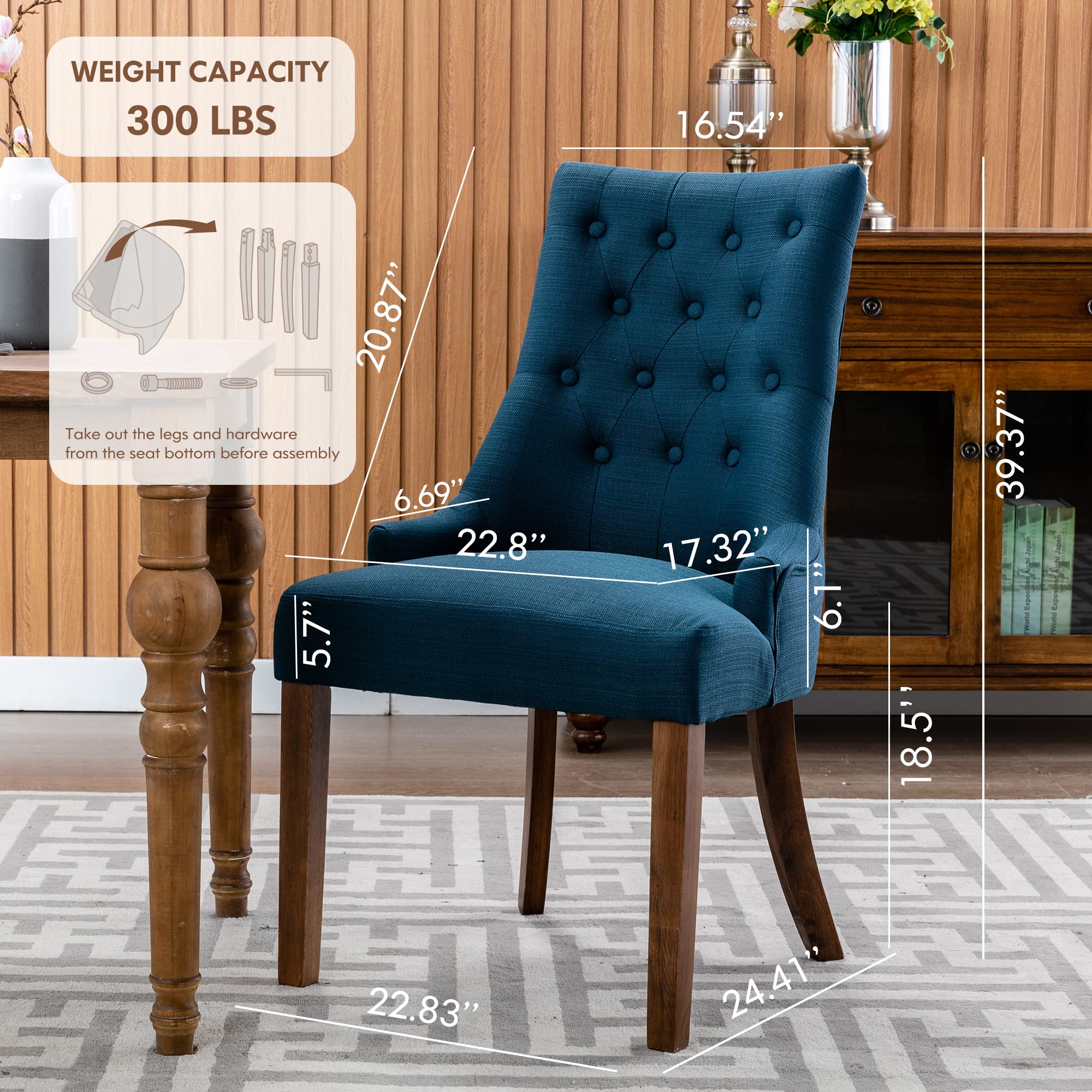 COLAMY Wingback Upholstered Dining Chairs Set of 6, Fabric Side Dining Room Chairs with Tufted Button, Living Room Chairs for Home Kitchen- Dark Blue