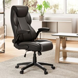 EUREKA ERGONOMIC PU Leather Desk Chair Office Executive Chair, Ergonomic Office Chair Flip Up Arms, High Back Office Chair with Headrest, Home Office Desk Chair with Wheels, Computer Chairs for Adults