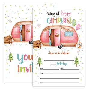 udnadkex camping birthday invitations for girls with envelopes, invites for birthday party happy camper, glamping camp party birthday invitations cards, calling all happy campers, 4"x6" set of 20