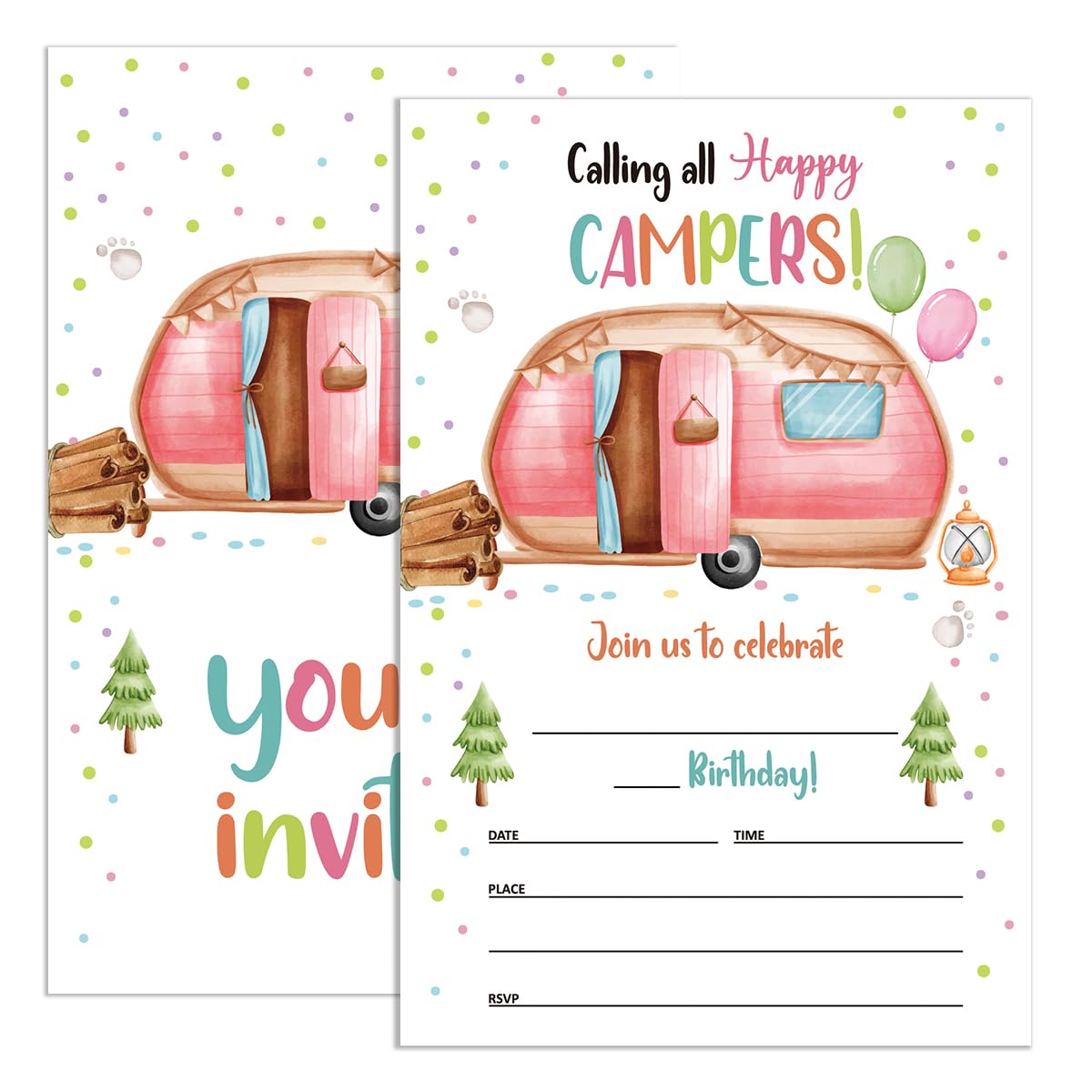 UDNADKEX Camping Birthday Invitations for Girls with Envelopes, Invites for Birthday Party Happy Camper, Glamping Camp Party Birthday Invitations Cards, Calling All Happy Campers, 4"x6" Set of 20