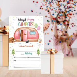 UDNADKEX Camping Birthday Invitations for Girls with Envelopes, Invites for Birthday Party Happy Camper, Glamping Camp Party Birthday Invitations Cards, Calling All Happy Campers, 4"x6" Set of 20