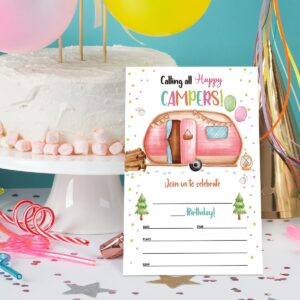 UDNADKEX Camping Birthday Invitations for Girls with Envelopes, Invites for Birthday Party Happy Camper, Glamping Camp Party Birthday Invitations Cards, Calling All Happy Campers, 4"x6" Set of 20