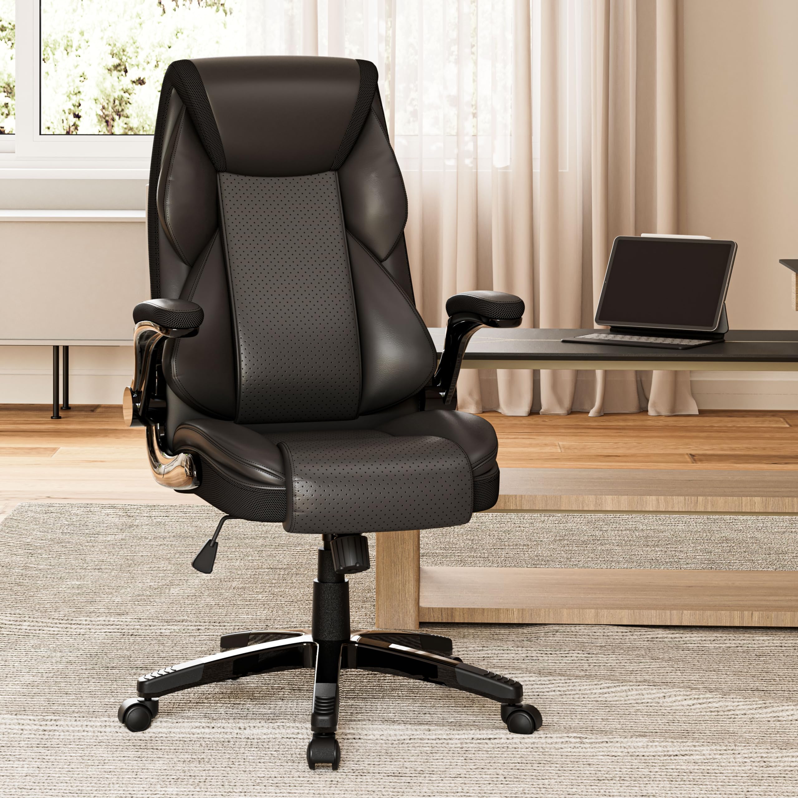 EUREKA ERGONOMIC PU Leather Desk Chair Office Executive Chair, Ergonomic Office Chair Flip Up Arms, High Back Office Chair with Headrest, Home Office Desk Chair with Wheels, Computer Chairs for Adults