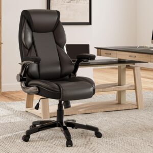 EUREKA ERGONOMIC PU Leather Desk Chair Office Executive Chair, Ergonomic Office Chair Flip Up Arms, High Back Office Chair with Headrest, Home Office Desk Chair with Wheels, Computer Chairs for Adults