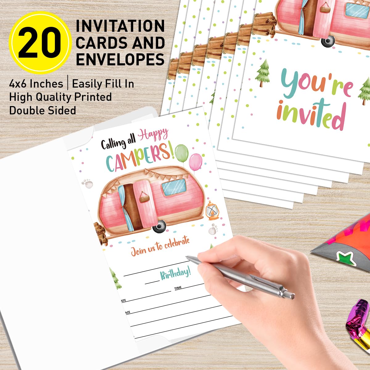 UDNADKEX Camping Birthday Invitations for Girls with Envelopes, Invites for Birthday Party Happy Camper, Glamping Camp Party Birthday Invitations Cards, Calling All Happy Campers, 4"x6" Set of 20