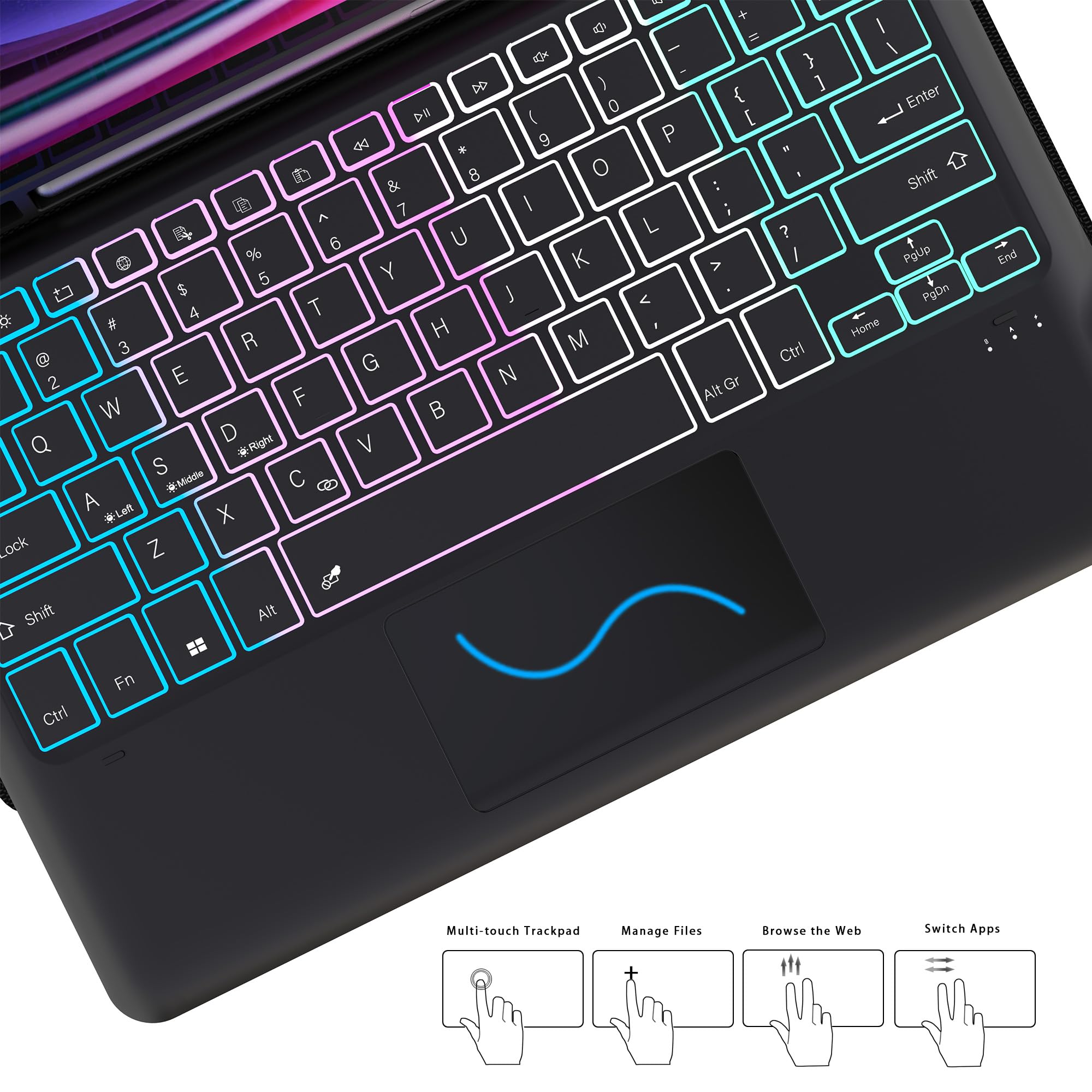 for Samsung Galaxy Tab S9 FE+/S9+ 12.4" Keyboard Case: 3 Zone 7 Colors Backlit Trackpad Keyboard for 12.4 inch Galaxy Tab S9 Plus/S9 FE Plus - Detachable Smart Touchpad Keyboard Folio Tablet Cover