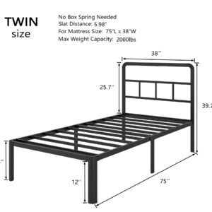 Riwanca 14 Inch Twin Size Bed Frames with Headboard, Heavy Duty Metal Platform Bed Frame Rounded Corners, No Box Spring Needed Mattress Foundation, Noise Free, Black