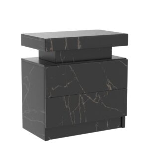 DobleCliCli LED Nightstands, Bedside Table with 2 Drawers, Modern Bedroom Furniture with Changing RGB Light & Remote for Bedroom and Living Room, Black Marble Pattern