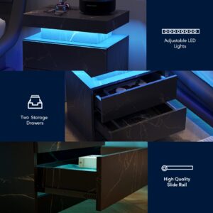 DobleCliCli LED Nightstands, Bedside Table with 2 Drawers, Modern Bedroom Furniture with Changing RGB Light & Remote for Bedroom and Living Room, Black Marble Pattern