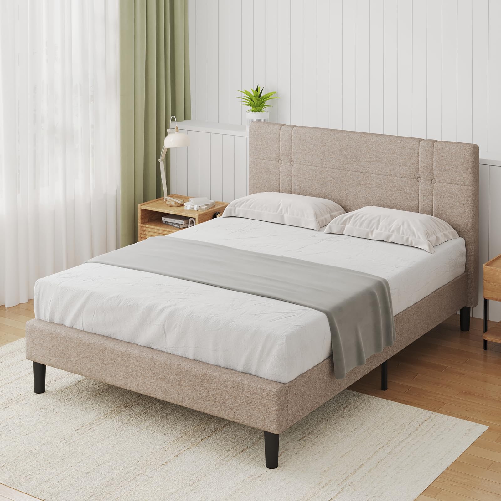 Novilla Queen Platform Bed Frame for Bedroom, Bed Frame Queen Size with Headboard and Wood Slat Support, Queen Platform Bed No Box Spring Needed, Easy Assembly, Beige