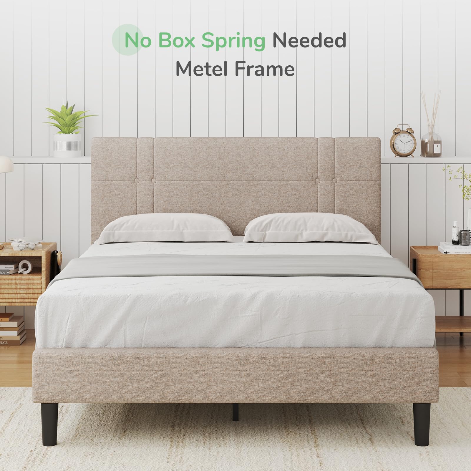 Novilla Queen Platform Bed Frame for Bedroom, Bed Frame Queen Size with Headboard and Wood Slat Support, Queen Platform Bed No Box Spring Needed, Easy Assembly, Beige