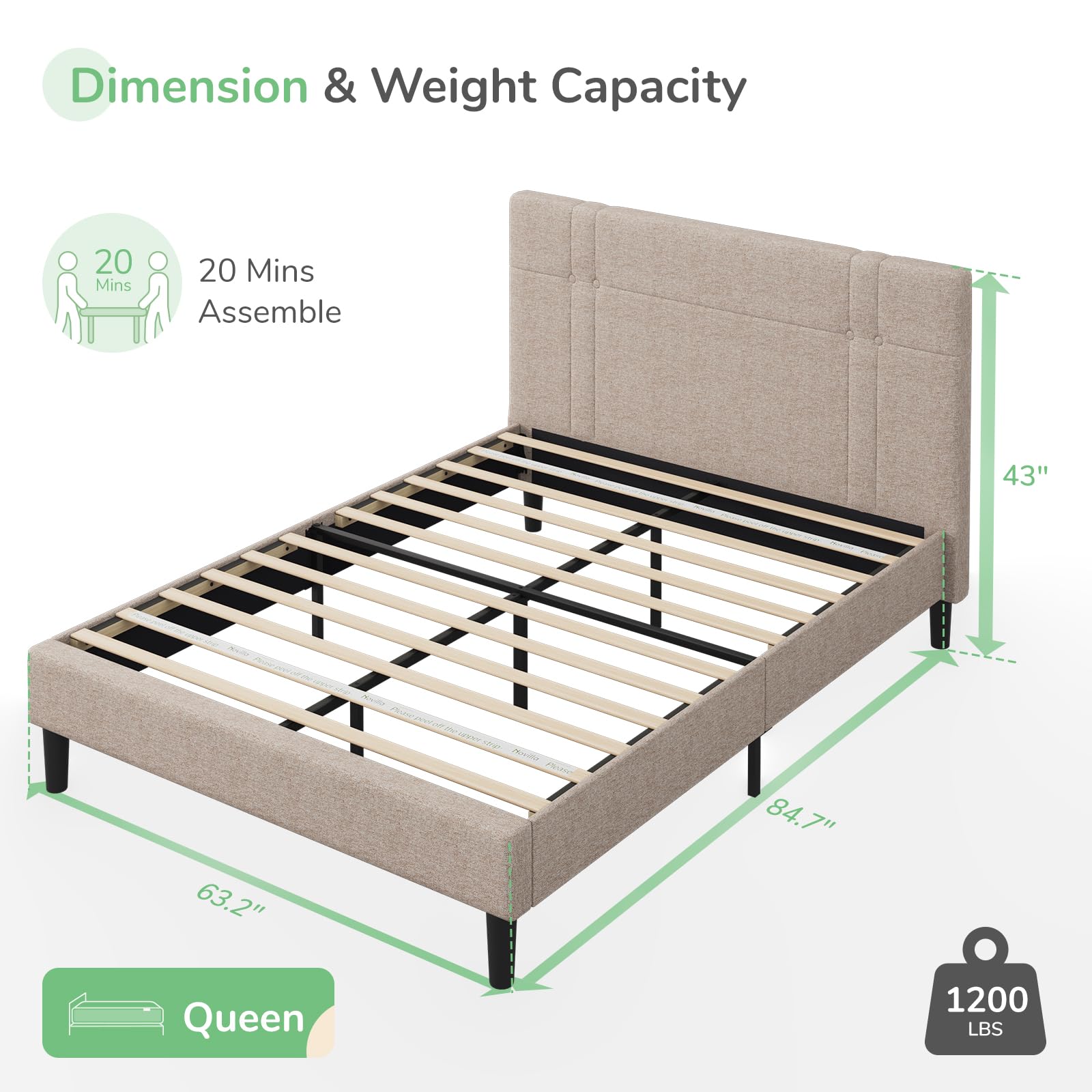 Novilla Queen Platform Bed Frame for Bedroom, Bed Frame Queen Size with Headboard and Wood Slat Support, Queen Platform Bed No Box Spring Needed, Easy Assembly, Beige