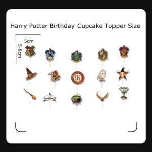 16pcs Wizard Happy Birthday Cake Topper, Magical School Theme Glitter Black Cupcake Topper, Personalized Baby Shower Cake Topper Boys Kids Birthday Anniversary Theme Party Cake Decorations Supplies