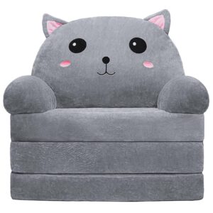 toddler chair kids sofa - toddler sofa kids couch fold out, 2 in 1 flip out couch and mini sofa for girls and boys, baby couch for 1-4 year olds - cute and comfy baby sofa (gray cat)