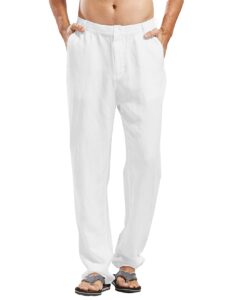 paslter men's linen pants elastic waist straight leg loose fit lightweight yoga casual beach trousers with pockets white