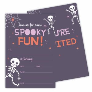 halloween birthday invitations - cobweb & skull, spooky fun! - 20 invitation cards with envelopes, double-sided invites for boy & girls, teens, birthday party favor, decorations & supplies - 01