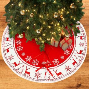 OurWarm Christmas Tree Skirt 36 Inch, Small Xmas Tree Skirts with Snowflake and Reindeer Pattern, Red and White Tree Mat for Christmas Winter Holiday Indoor Decorations