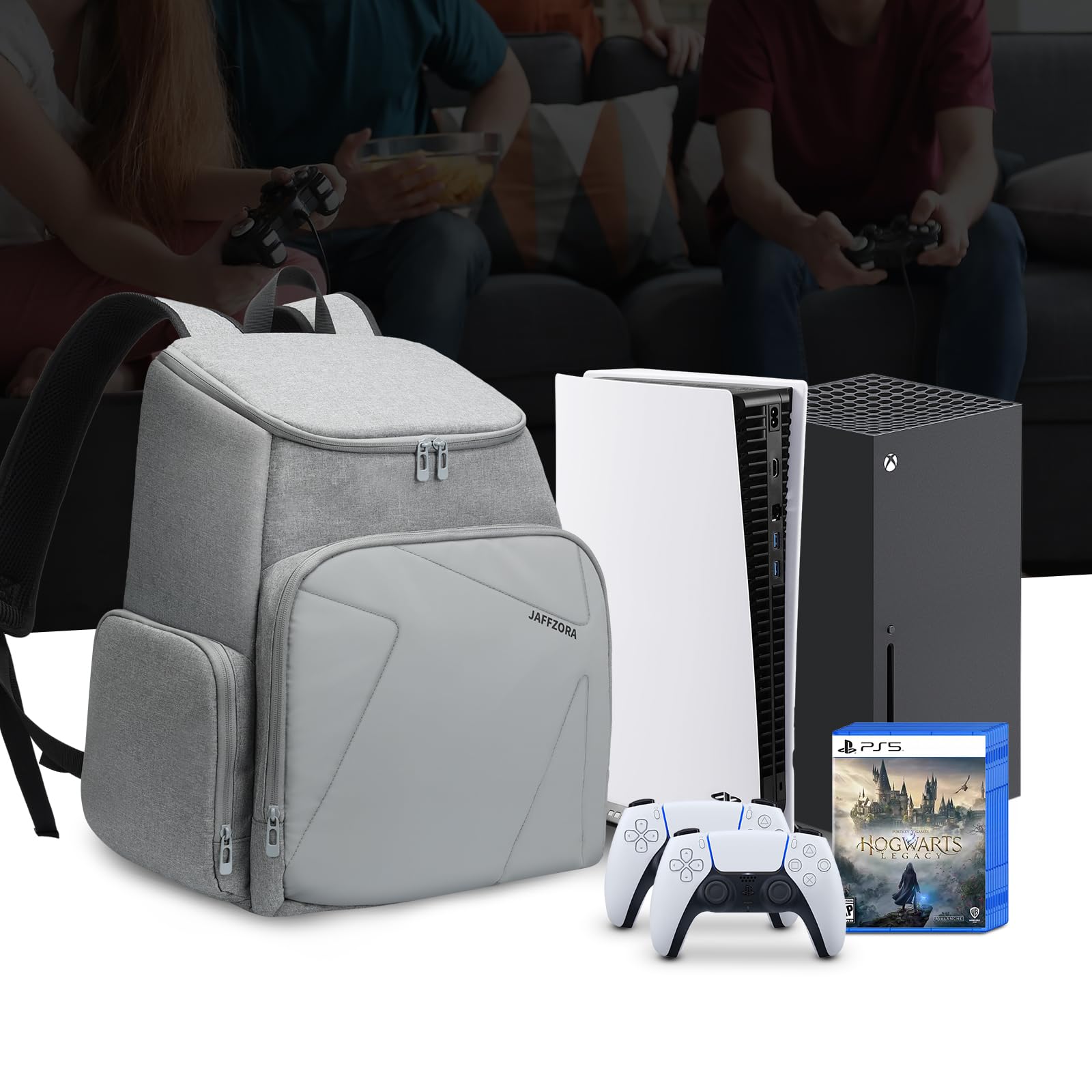 Jaffzora Game Console Backpack Compatible with PS5/PS4/PS4 Pro/PS4 Slim/Xbox One/Xbox One X/Xbox One S, Travel Bag fits for 15.6" Laptop and Gaming Accessories, Portable Console Carrying Case, Grey