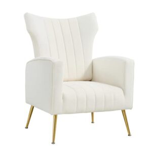 fatfish modern velvet accent chair with arms, wingback reading chair with gold metal legs, comfy upholstered single leisure sofa for living room bedroom club(velvet+white)