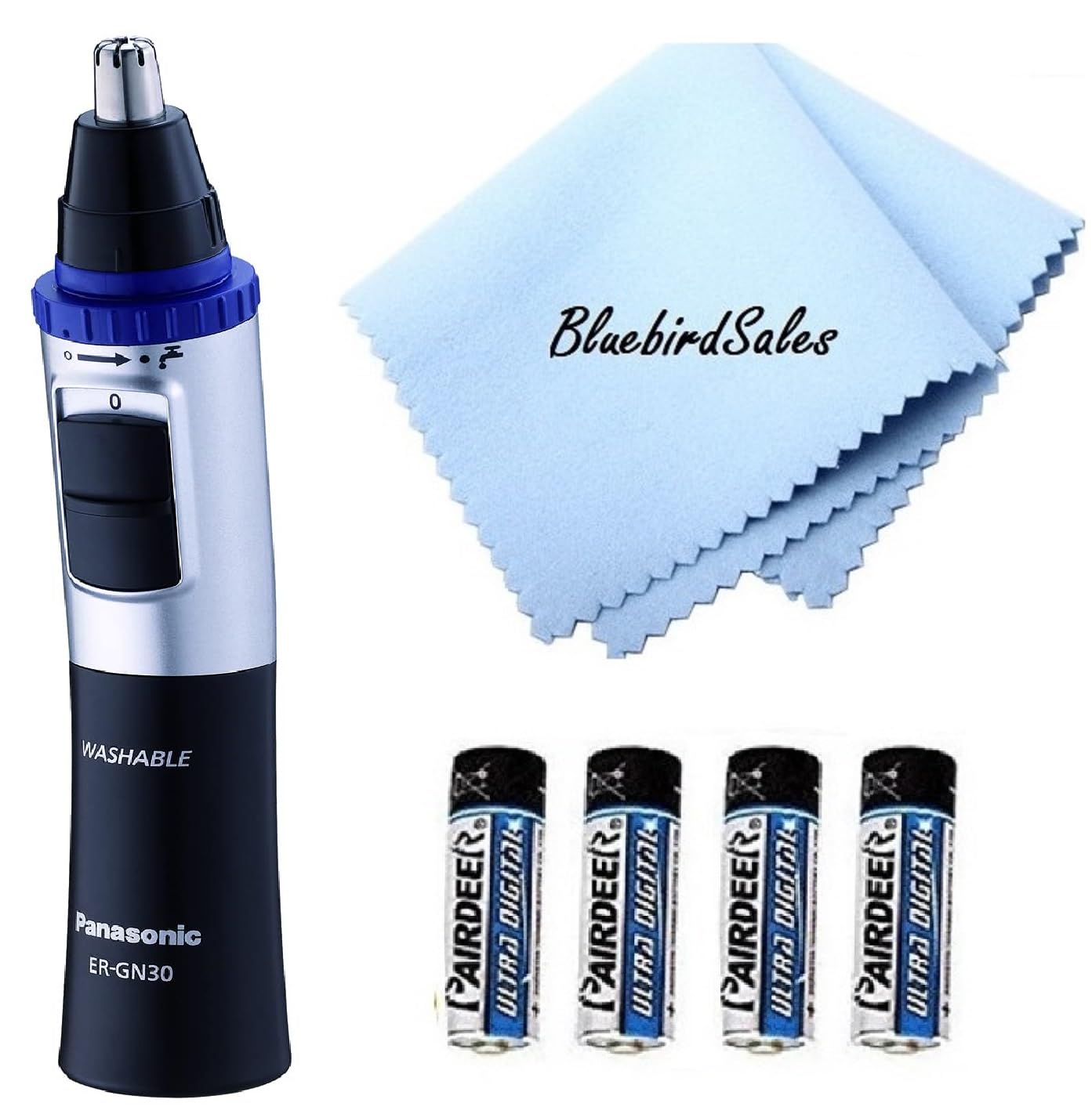 BluebirdSales Panasonic Men's Cordless Wet/Dry Electric Razor Bundle: ER-GN30-K Nose & Facial Hair Trimmer + 4AA Batteries Deluxe Cleaning Cloth