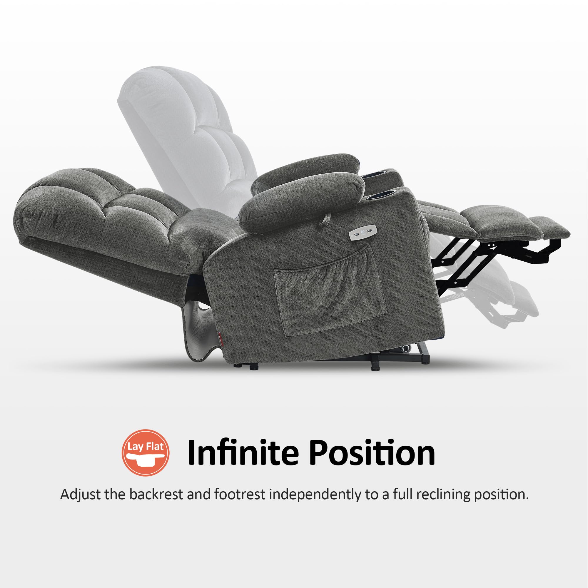 MCombo Dual Motor Power Lift Recliner Chair with Massage and Heat for Elderly People, Infinite Position, USB Ports, Cup Holders, Fabric 7680 (Large-Regular, Grey)