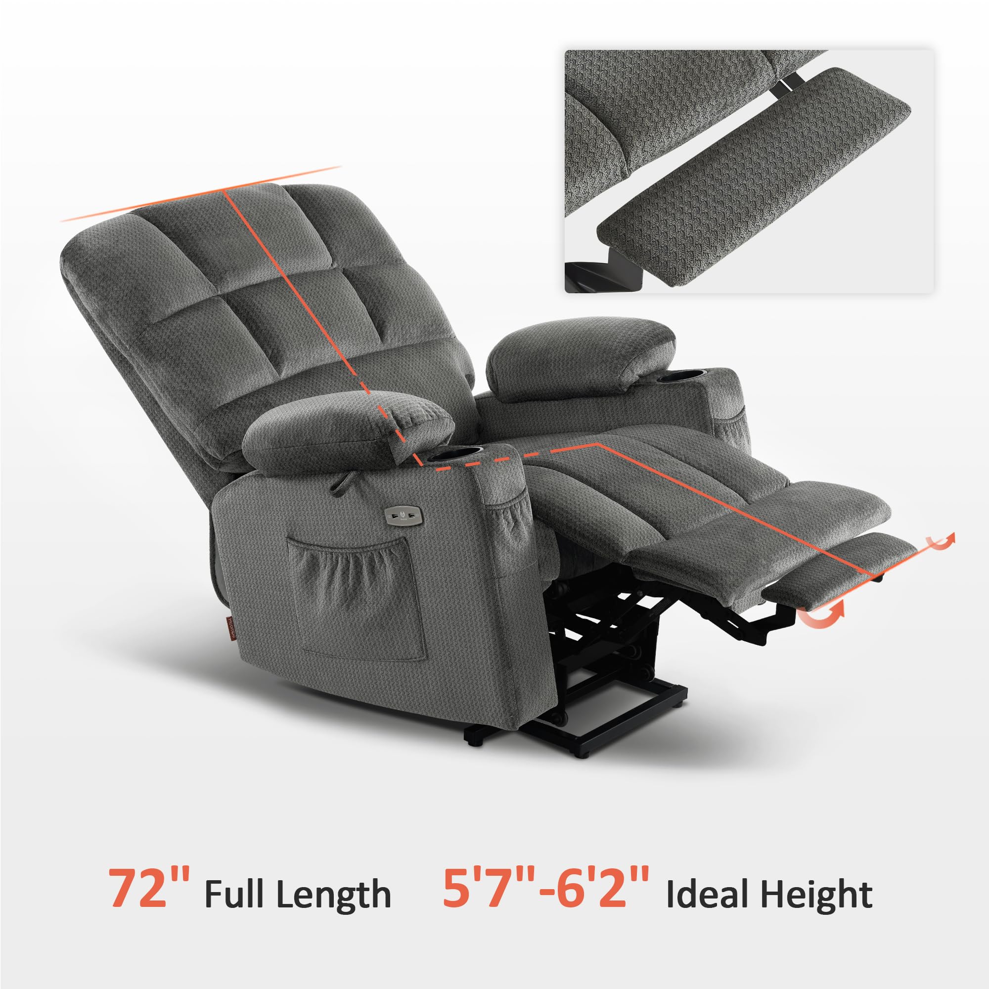 MCombo Dual Motor Power Lift Recliner Chair with Massage and Heat for Elderly People, Infinite Position, USB Ports, Cup Holders, Fabric 7680 (Large-Regular, Grey)