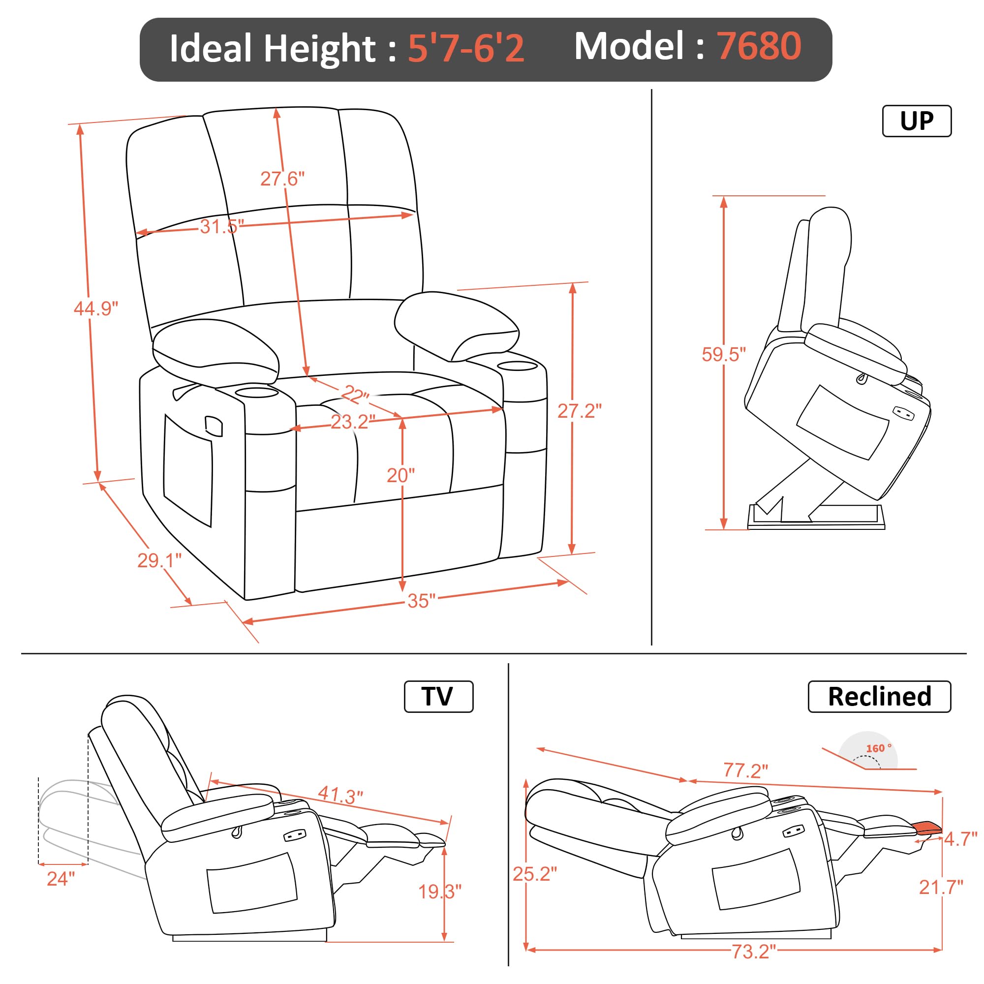 MCombo Dual Motor Power Lift Recliner Chair with Massage and Heat for Elderly People, Infinite Position, USB Ports, Cup Holders, Fabric 7680 (Large-Regular, Grey)