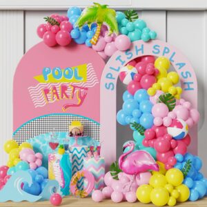 hawaiian pool party decoration 154pcs tropical flamingo balloon garland arch kit with beach ball for swimming slide water luau tropical pool beach theme splish splash birthday bash party decoration