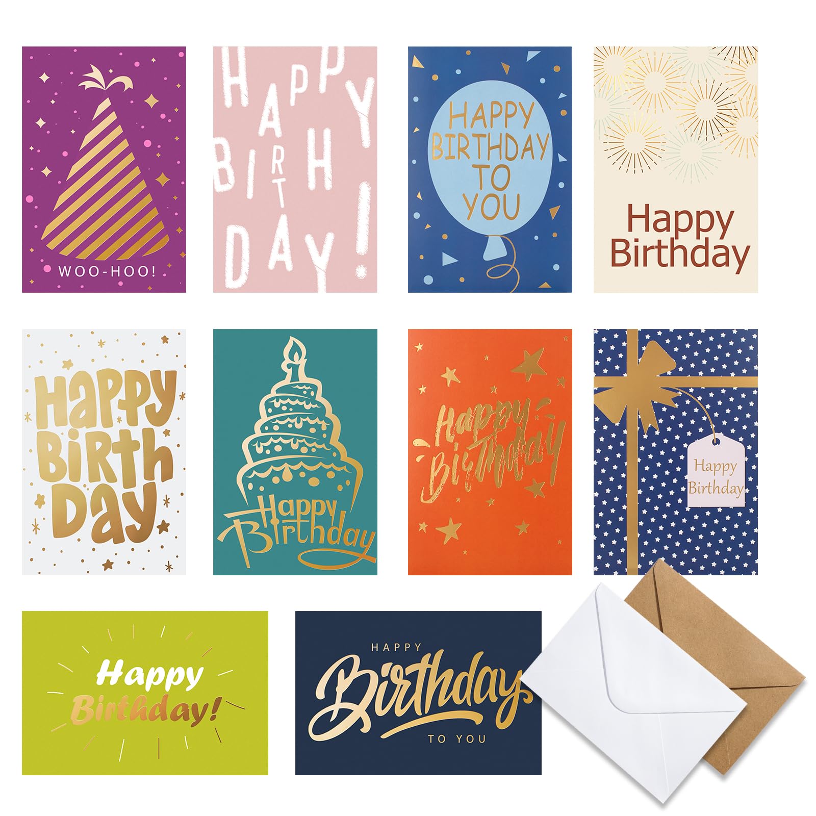 Birthday Cards Bulk Set, Cofullsky Funny Birthday Cards for Women Men Kids Gold Foil Happy Birthday Greeting Cards with Envelopes Blank Inside Assorted Birthday Card for Mom Wife Husband Boyfriend 20