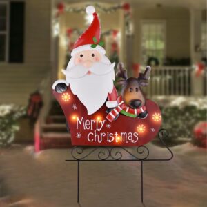 lightshine solar christmas metal decorations, santa claus and reindeer on the sleigh, solar christmas yard stakes, outdoor christmas decor with led lights(2 lighting modes) for porch, lawn and garden.