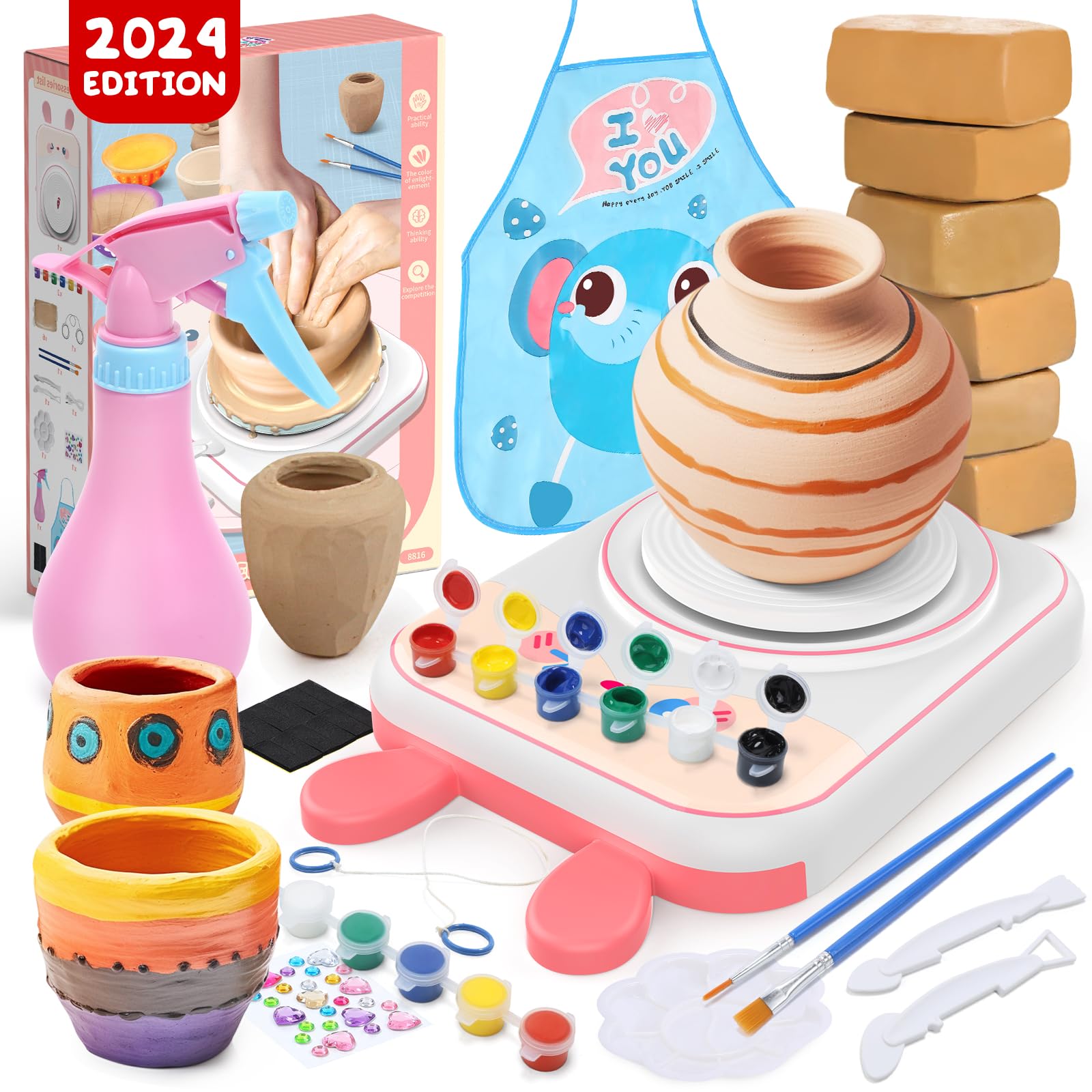 Skirfy Pottery Wheel for Kids-Clay Sculpting Tools & Painting Kit,Birthday Gift Girls Toys 8-10,DIY Kits Clay Maker for Beginners with 6 Packs Modeling Clays, Art&Crafts Kits for Kids Ages 9-12