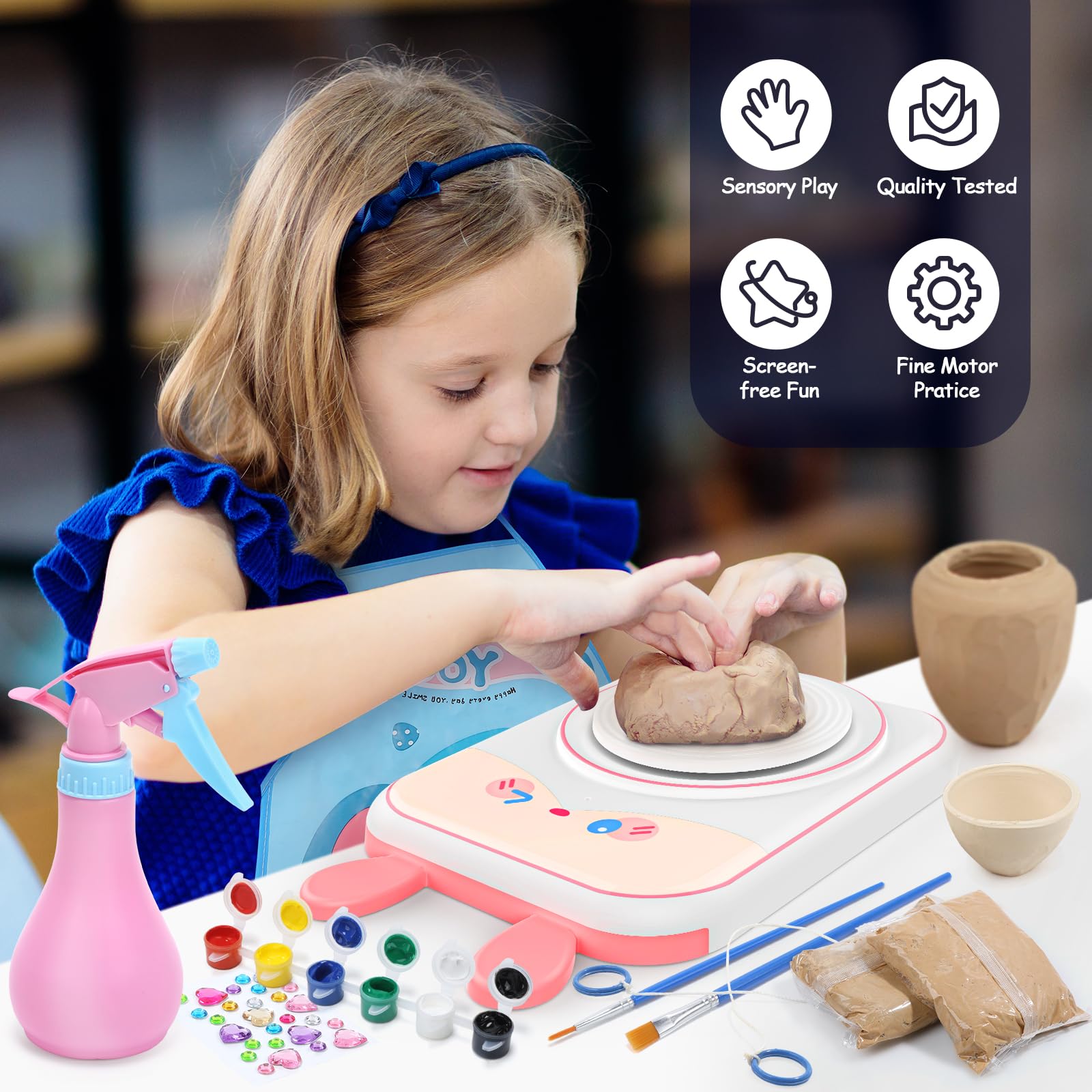 Skirfy Pottery Wheel for Kids-Clay Sculpting Tools & Painting Kit,Birthday Gift Girls Toys 8-10,DIY Kits Clay Maker for Beginners with 6 Packs Modeling Clays, Art&Crafts Kits for Kids Ages 9-12