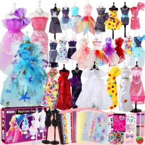 jumlys 600+pcs fashion designer kits for girls ages 6, 7, 8, 9, 10, 11, 12, sewing kits with 4 mannequins for kids ages 6-8, 8-12, diy arts and crafts kits for girls, perfect birthday christmas gift