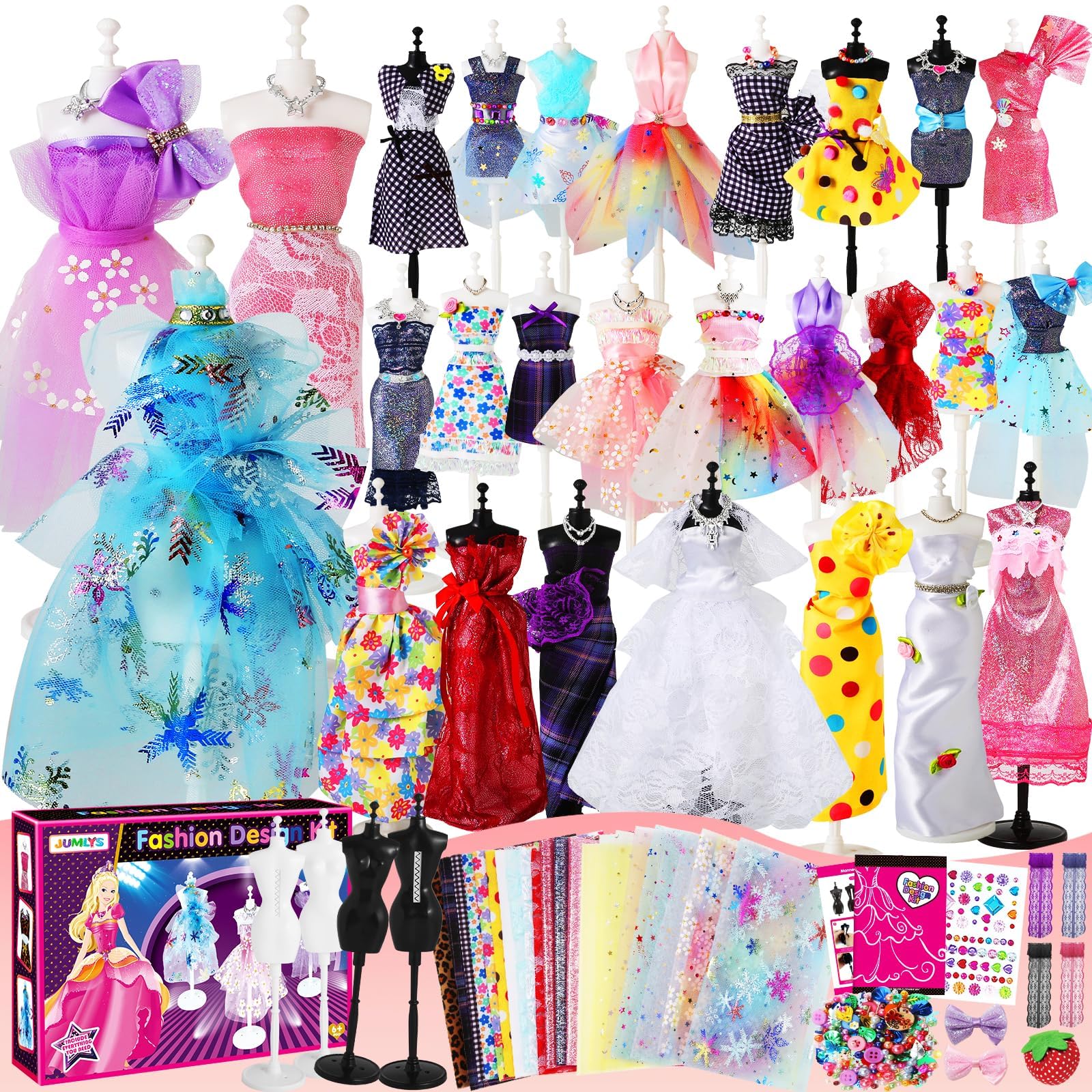 Jumlys 600+PCS Fashion Designer Kits for Girls Ages 6, 7, 8, 9, 10, 11, 12, Sewing Kits with 4 Mannequins for Kids Ages 6-8, 8-12, DIY Arts and Crafts Kits for Girls, Perfect Birthday Christmas Gift