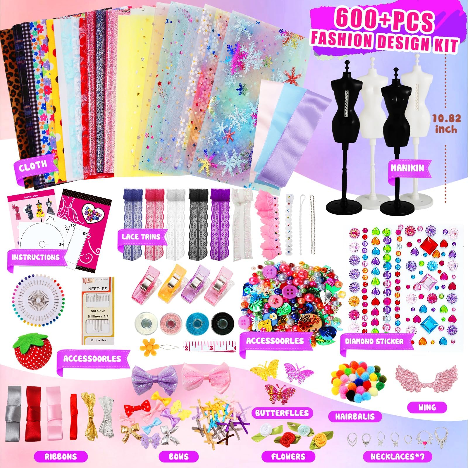 Jumlys 600+PCS Fashion Designer Kits for Girls Ages 6, 7, 8, 9, 10, 11, 12, Sewing Kits with 4 Mannequins for Kids Ages 6-8, 8-12, DIY Arts and Crafts Kits for Girls, Perfect Birthday Christmas Gift