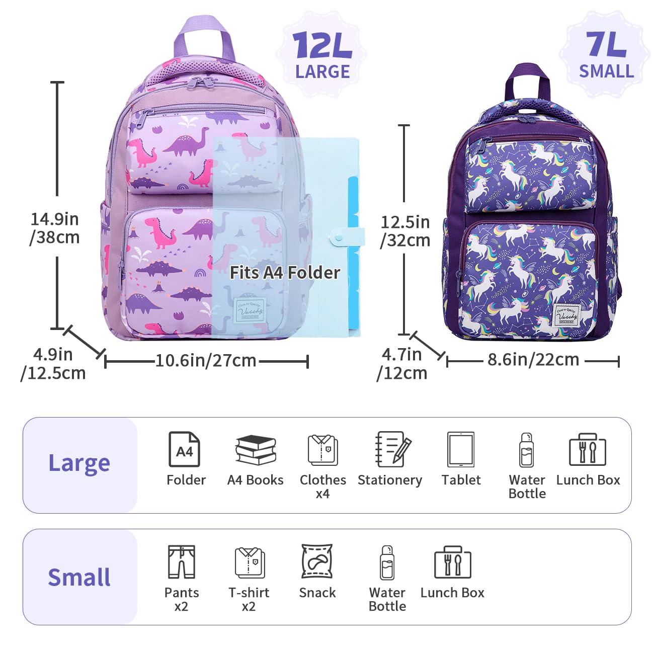 VASCHY Toddler Backpack for Girls, Kids Cute Kindergarten Daycare Children 7L Small Backpack Bookbag for School Travel Purple Unicorn