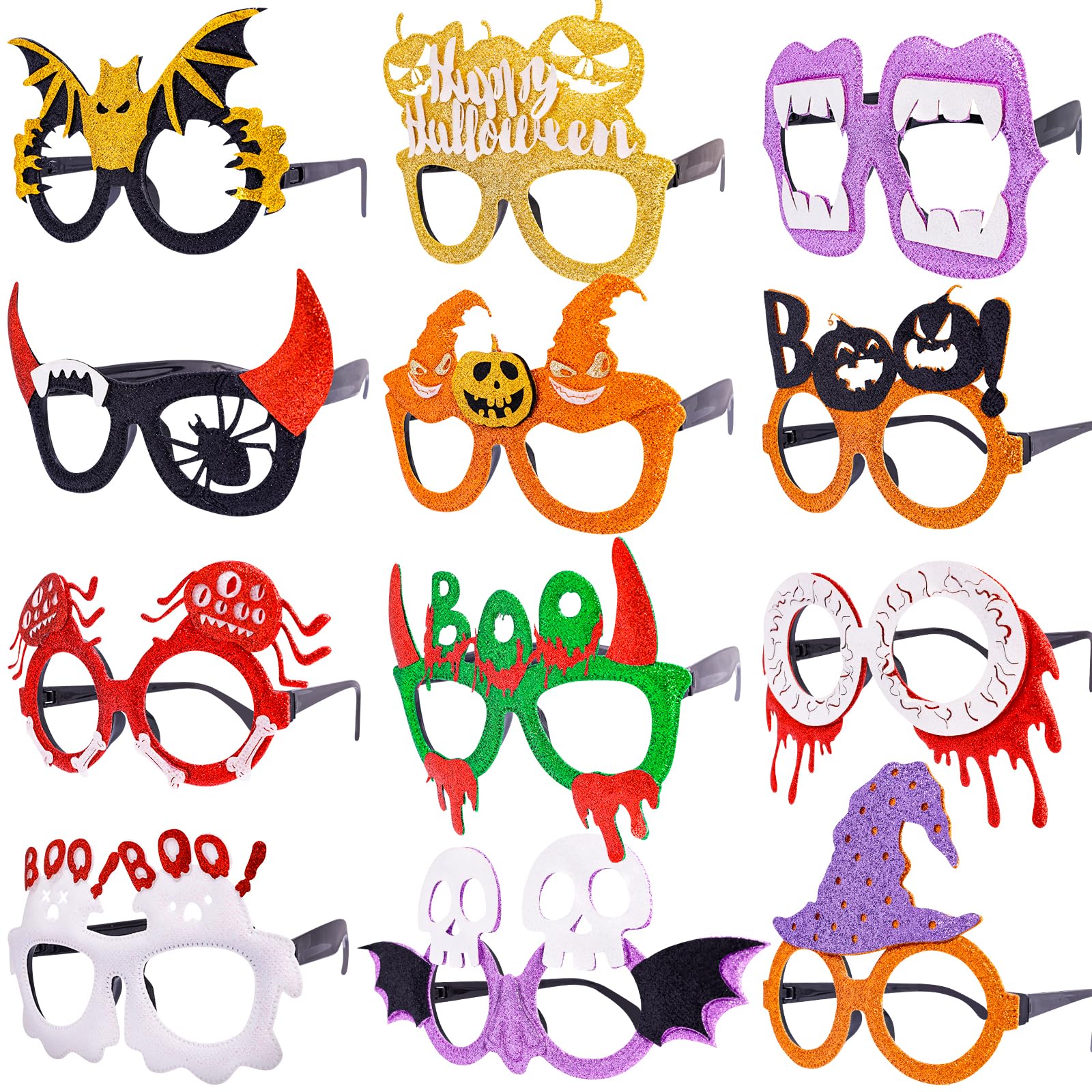 Max Fun 12Pcs Halloween Party Glasses Glitter Holiday Glasses Frames Halloween Decorations Accessories Costume Eyeglasses for Halloween Parties Holiday Favors