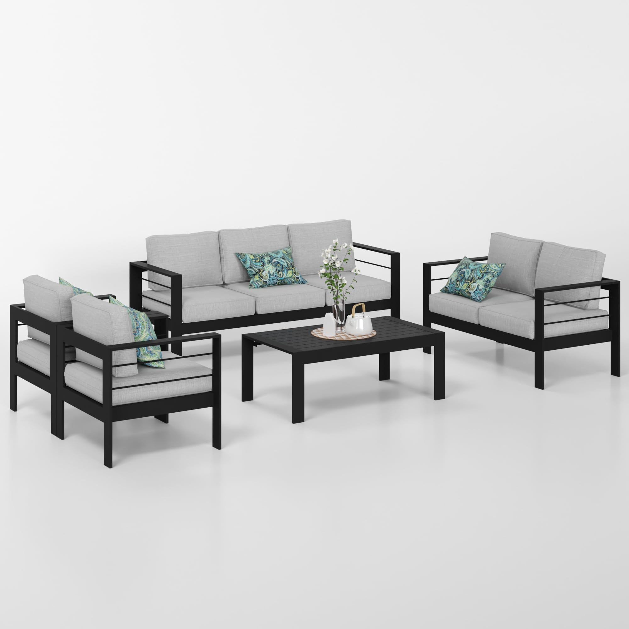 Solaste Aluminum Patio Furniture Set,5 Pieces Modern Outdoor Conversation Set Sectional Sofa with Upgrade Cushion and Coffee Table,Black Frame and Grey Cushion