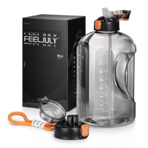 feeljuly 1 gallon water bottle with straw, 128 oz large bottles times to drink, reusable leak proof jug handle, 2 lids bpa free big sports for fitness gym camping grey