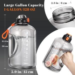 Feeljuly 1 Gallon Water Bottle with Straw, 128 oz Large Bottles Times to Drink, Reusable Leak Proof Jug Handle, 2 Lids BPA Free Big Sports for Fitness Gym Camping Grey