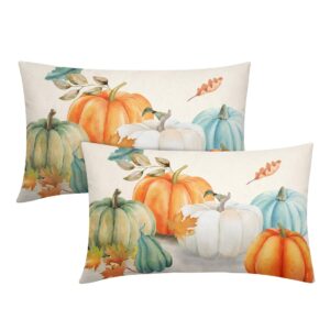 fall maple leaves lumbar pillow covers 12x20 in teal orange white green pumpkins decorative couch pillow cases set of 2 autumn thanksgiving throw pillows farm decor for room porch patio couch outdoor