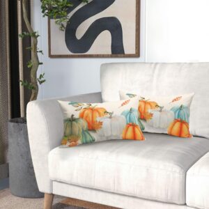 Fall Maple Leaves Lumbar Pillow Covers 12X20 In Teal Orange White Green Pumpkins Decorative Couch Pillow Cases Set of 2 Autumn Thanksgiving Throw Pillows Farm Decor For Room Porch Patio Couch Outdoor