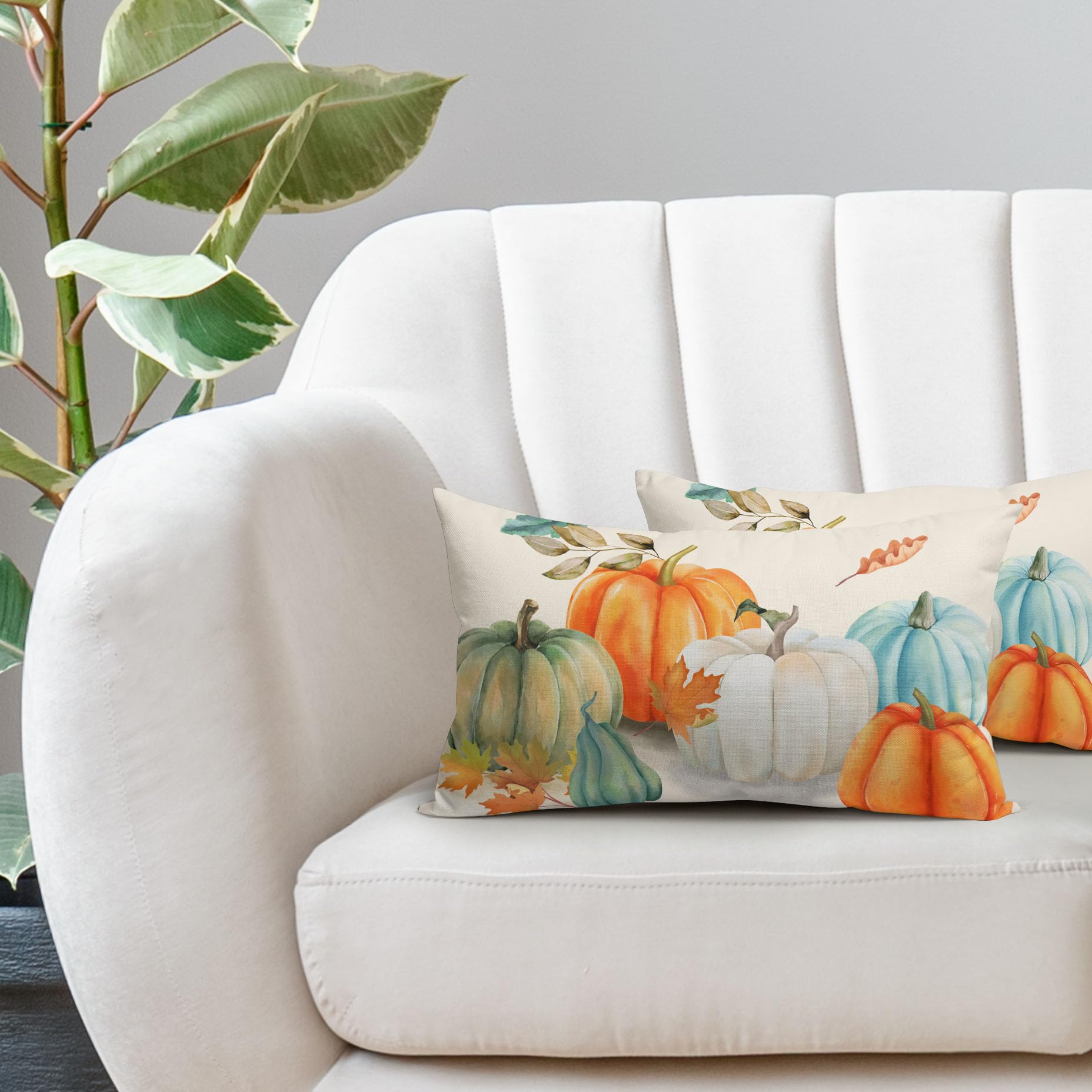 Fall Maple Leaves Lumbar Pillow Covers 12X20 In Teal Orange White Green Pumpkins Decorative Couch Pillow Cases Set of 2 Autumn Thanksgiving Throw Pillows Farm Decor For Room Porch Patio Couch Outdoor