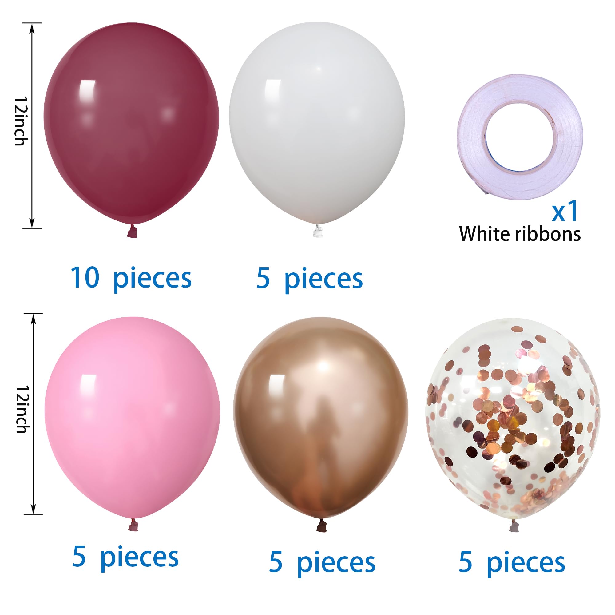 MOXMAY 12 Inch 30 Pack White Pink Champagne Rose Red Gold Confetti Balloons Garland Arch Kit Chrome Metallic Balloons for Graduation Birthday Wedding Shower Party